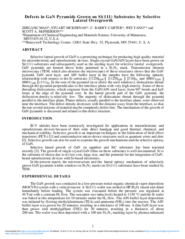 (PDF) Defects in GaN Pyramids Grown on Si(111) Substrates by Selective ...