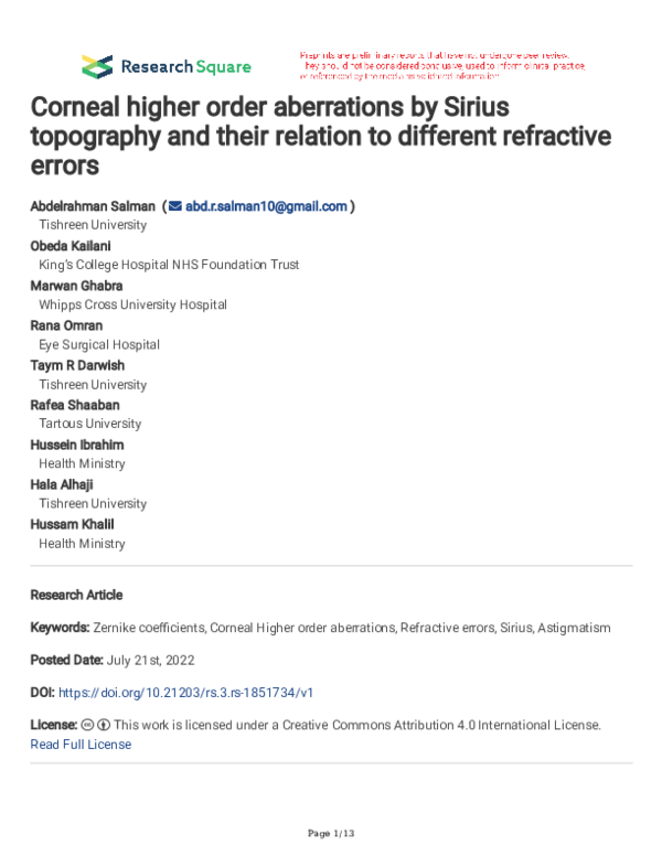 (PDF) Corneal higher order aberrations by Sirius topography and their relation to different ...