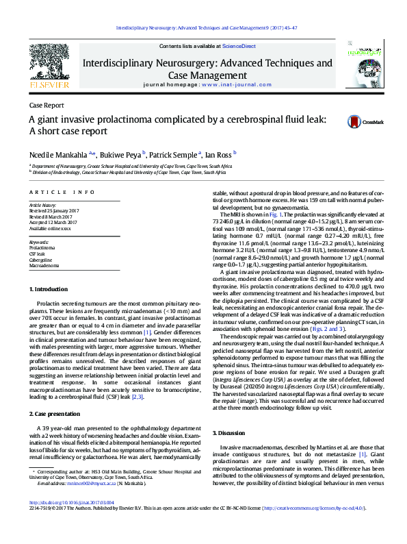 Pdf A Giant Invasive Prolactinoma Complicated By A Cerebrospinal Fluid Leak A Short Case Report