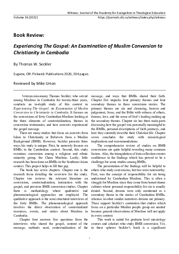 (PDF) Book Review: Experiencing The Gospel: An Examination of Muslim ...