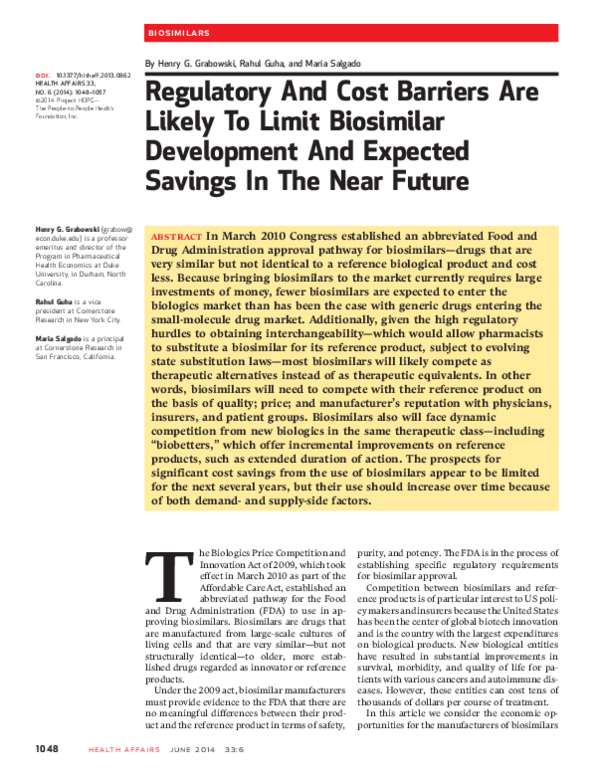 (PDF) Regulatory and cost barriers are likely to limit biosimilar ...