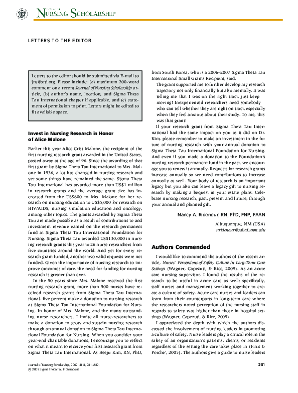 (PDF) Invest in Nursing Research in Honor of Alice Malone