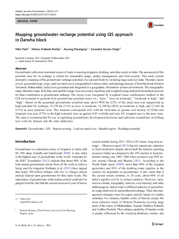 (PDF) Mapping groundwater recharge potential using GIS approach in Darwha block