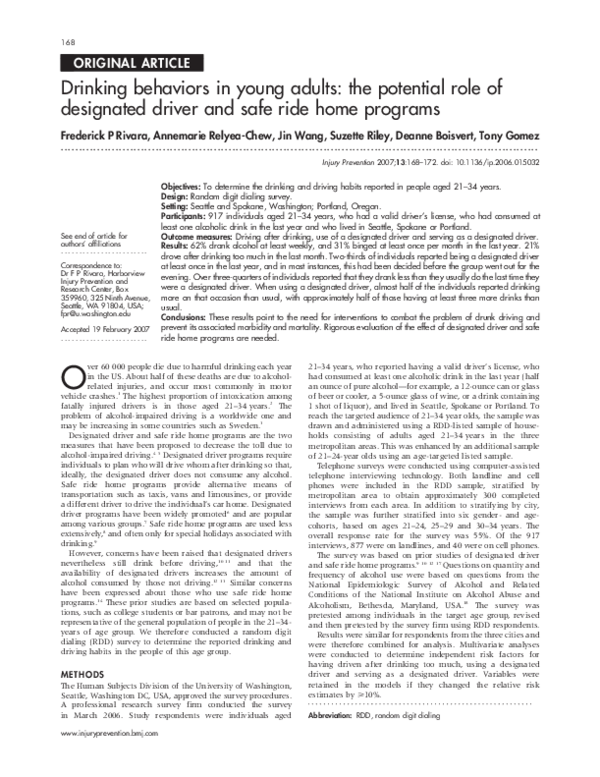 (PDF) Drinking behaviors in young adults: the potential role of designated driver and safe ride ...