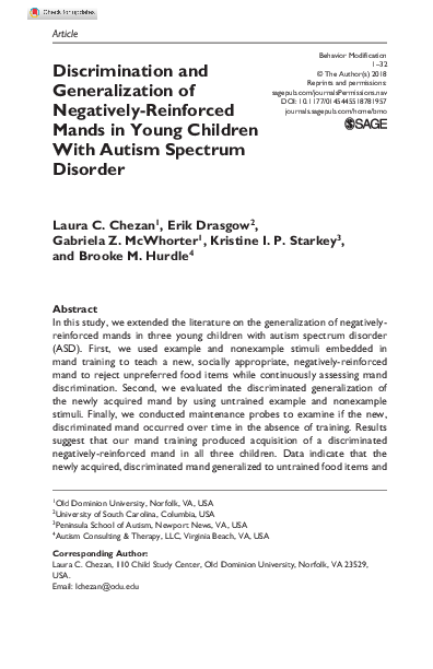 (PDF) Discrimination and Generalization of Negatively-Reinforced Mands ...