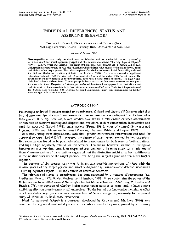 (PDF) Individual differences, status and assertive behavior
