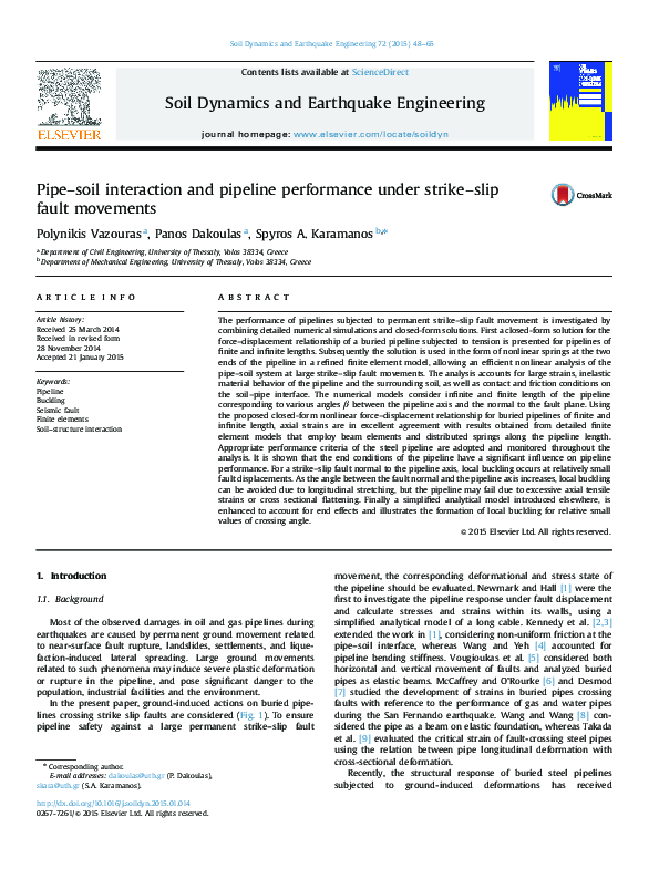 (PDF) Pipe–soil interaction and pipeline performance under strike–slip fault movements
