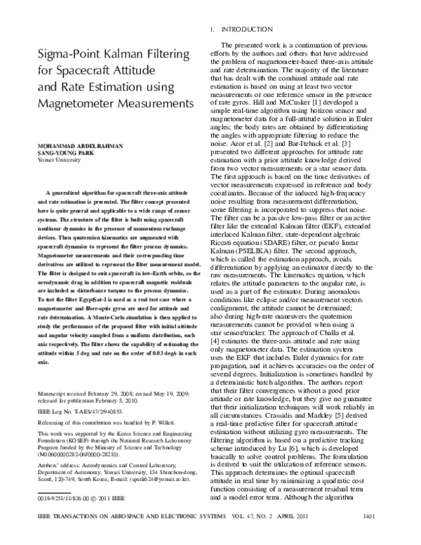 (PDF) Sigma-Point Kalman Filtering for Spacecraft Attitude and Rate ...