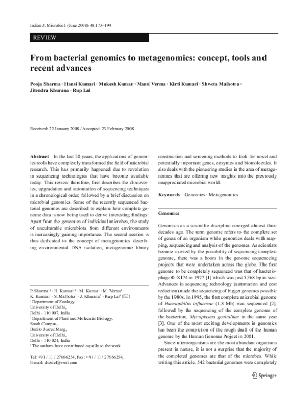 (PDF) From bacterial genomics to metagenomics: concept, tools and recent advances