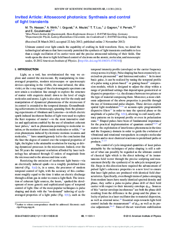 (PDF) Invited article: attosecond photonics: synthesis and control of ...