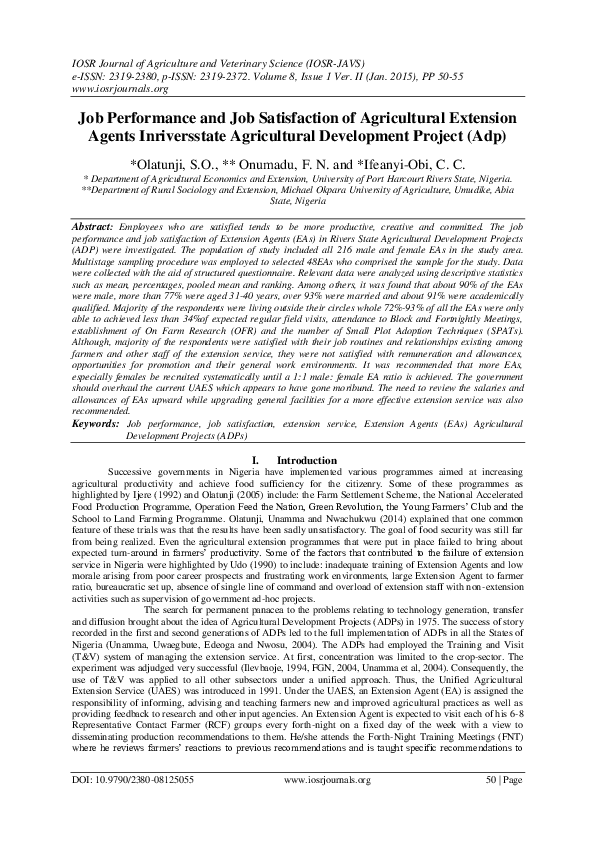 (PDF) Job Performance and Job Satisfaction of Agricultural Extension ...