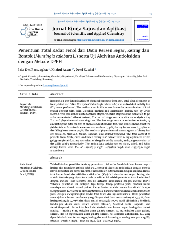 (PDF) Penentuan Total Kadar Fenol dari Daun Kersen Segar, Kering dan ...