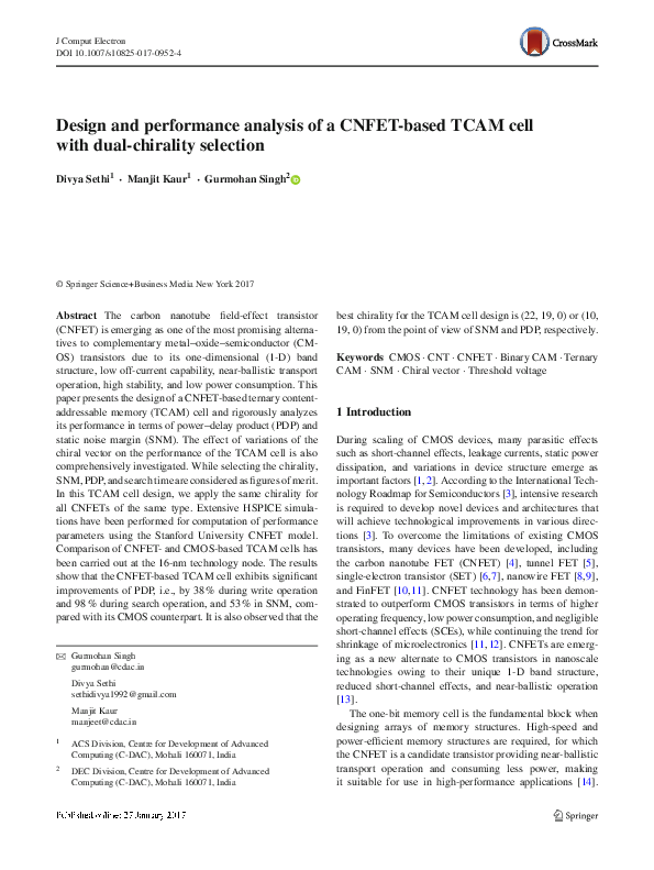 (PDF) Design and performance analysis of a CNFET-based TCAM cell with dual-chirality selection ...