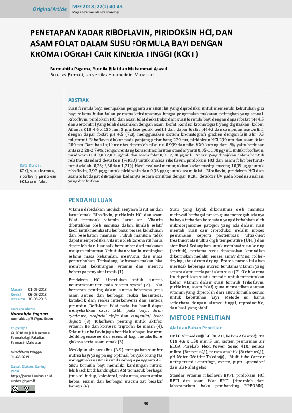 (PDF) PENETAPAN KADAR RIBOFLAVIN, PIRIDOKSIN HCl, DAN ASAM FOLAT DALAM ...