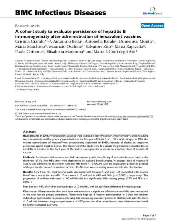 (PDF) A cohort study to evaluate persistence of hepatitis B ...