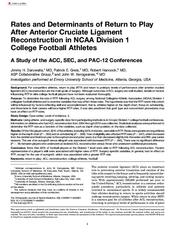 (PDF) Rates and Determinants of Return to Play After Anterior Cruciate ...