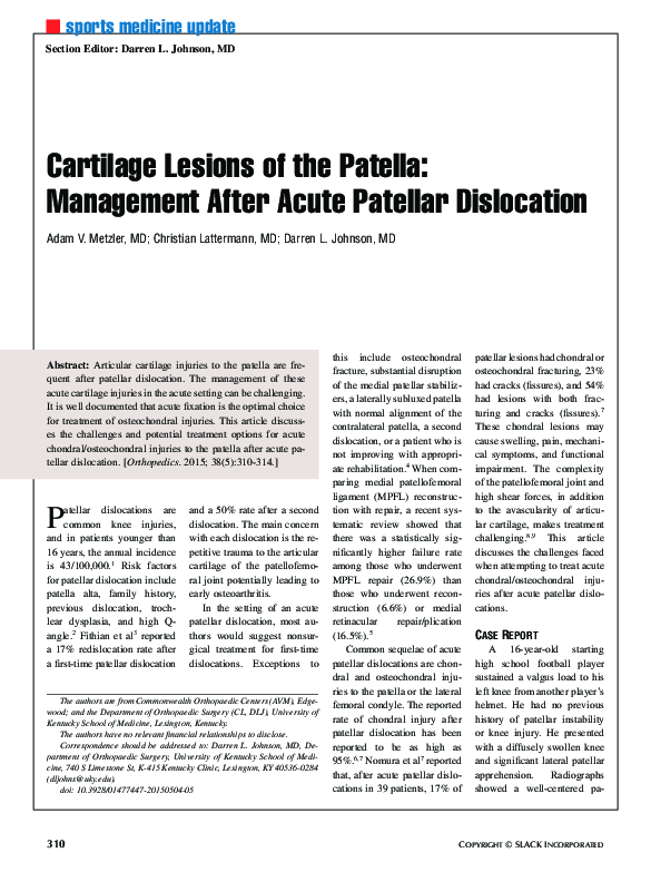 (PDF) Cartilage Lesions of the Patella: Management After Acute Patellar ...