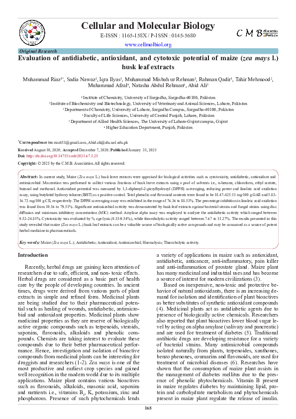 (PDF) Evaluation of antidiabetic, antioxidant, and cytotoxic potential of maize (zea mays l ...