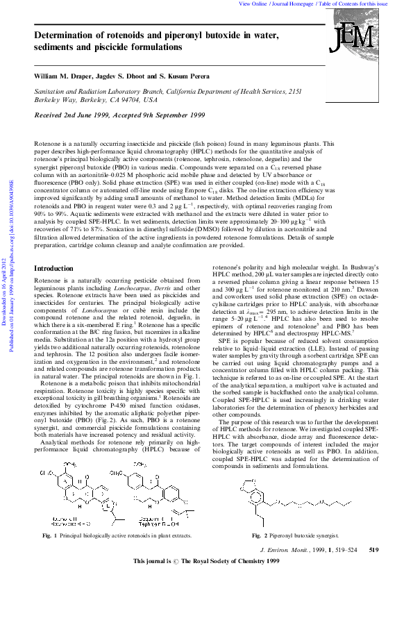 (PDF) Determination of rotenoids and piperonyl butoxide in water, sediments and piscicide ...