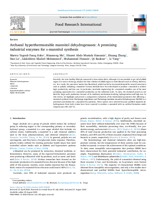 (PDF) Archaeal hyperthermostable mannitol dehydrogenases: A promising industrial enzymes for d ...