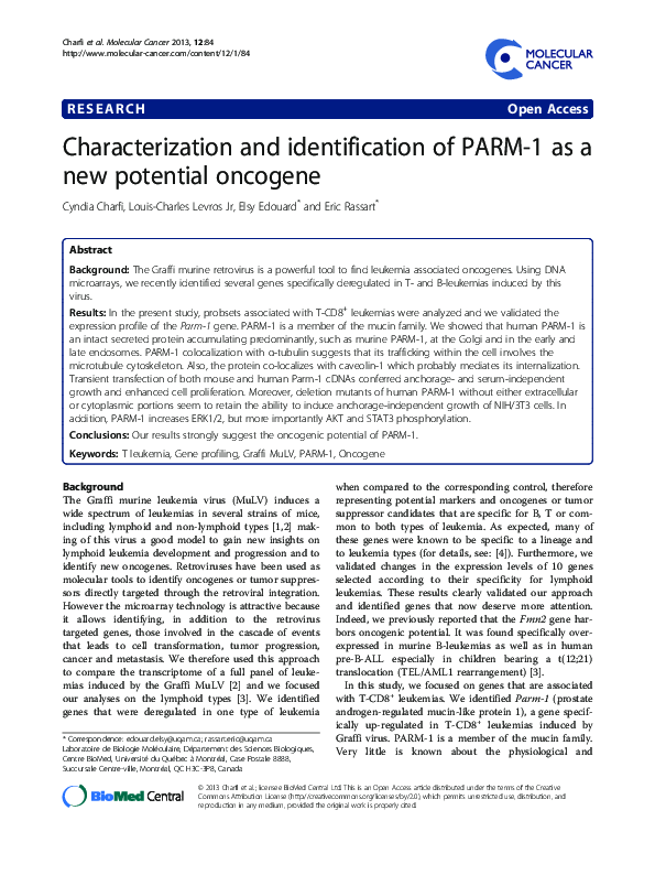 (PDF) Characterization and identification of PARM-1 as a new potential ...