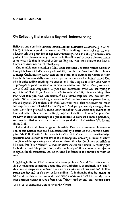 (PDF) On Believing that which is Beyond Understanding