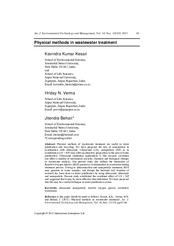 (PDF) Physical methods in wastewater treatment