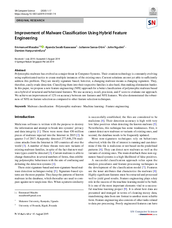(PDF) Improvement of Malware Classification Using Hybrid Feature Engineering | John Ngubiri ...