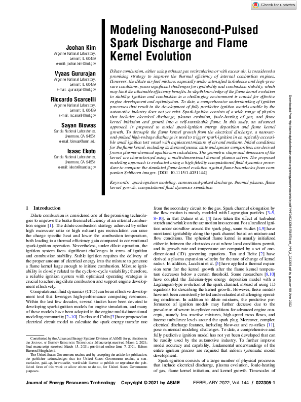 Pdf Modeling Nanosecond Pulsed Spark Discharge And Flame Kernel Evolution