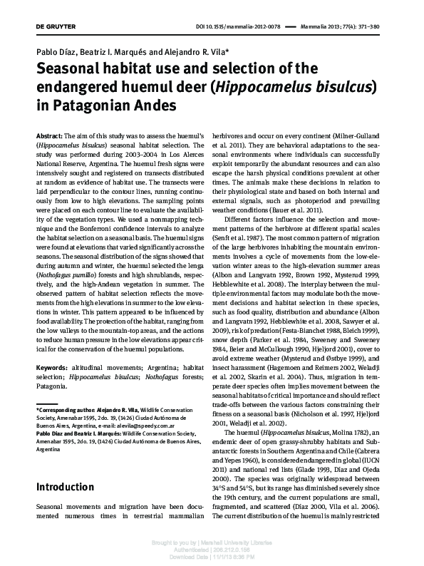 (PDF) Seasonal habitat use and selection of the endangered huemul deer ...