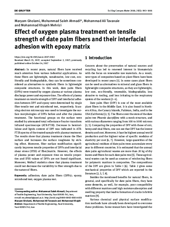 (PDF) Effect of oxygen plasma treatment on tensile strength of date ...