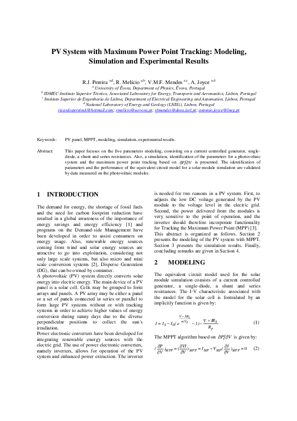 Pdf Pv System With Maximum Power Point Tracking Modeling Simulation And Experimental Results