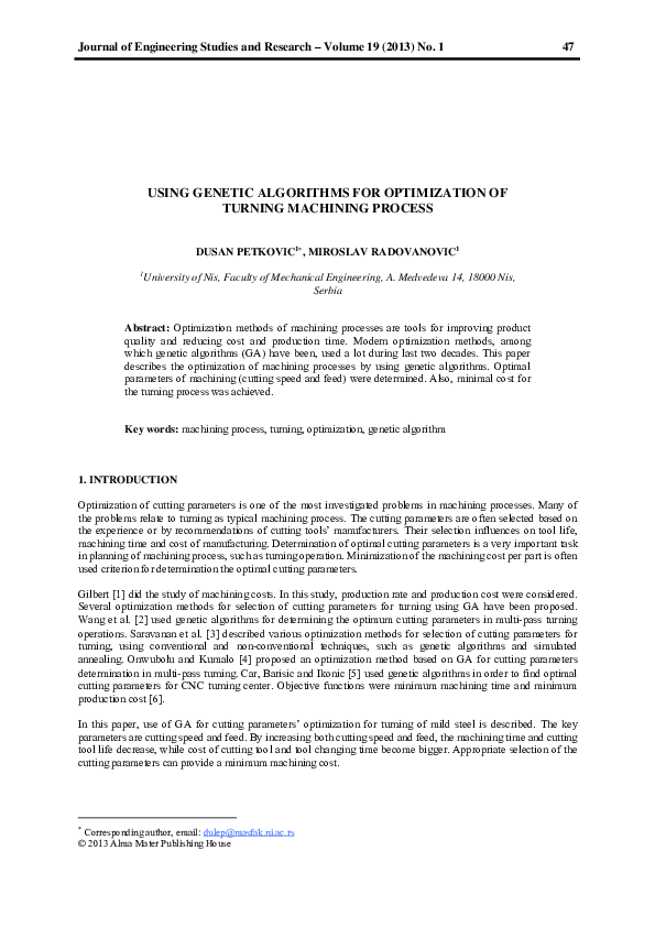 Pdf Using Genetic Algorithms For Optimization Of Turning Machining Process