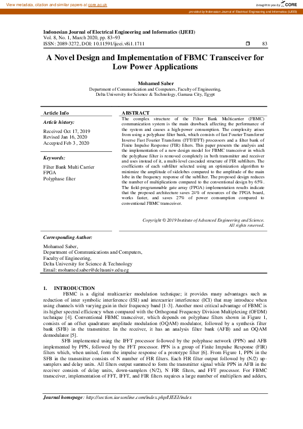 (PDF) A Novel Design and Implementation of FBMC Transceiver for Low Power Applications | Mohamed ...