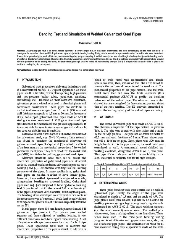 (PDF) Bending Test and Simulation of Welded Galvanized Steel Pipes
