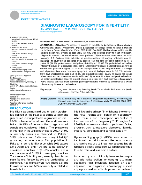 Pdf Diagnostic Laparoscopy For Infertility Bilqees Ara
