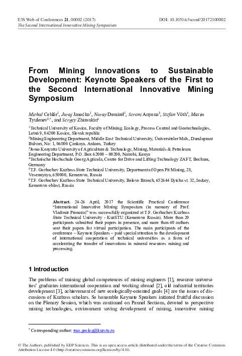 (PDF) From Mining Innovations to Sustainable Development: Keynote Speakers of the First to the ...