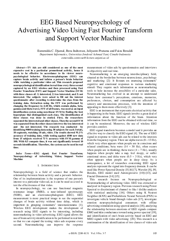 Pdf Eeg Based Neuropsychology Of Advertising Video Using Fast Fourier Transform And Support