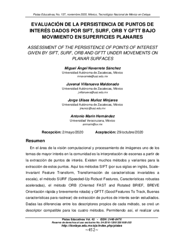 (PDF) Evaluación De La Persistencia De Puntos De Interés Dados Por Sift ... (PDF) Evaluación De La Persistencia De Puntos De Interés Dados Por Sift ...