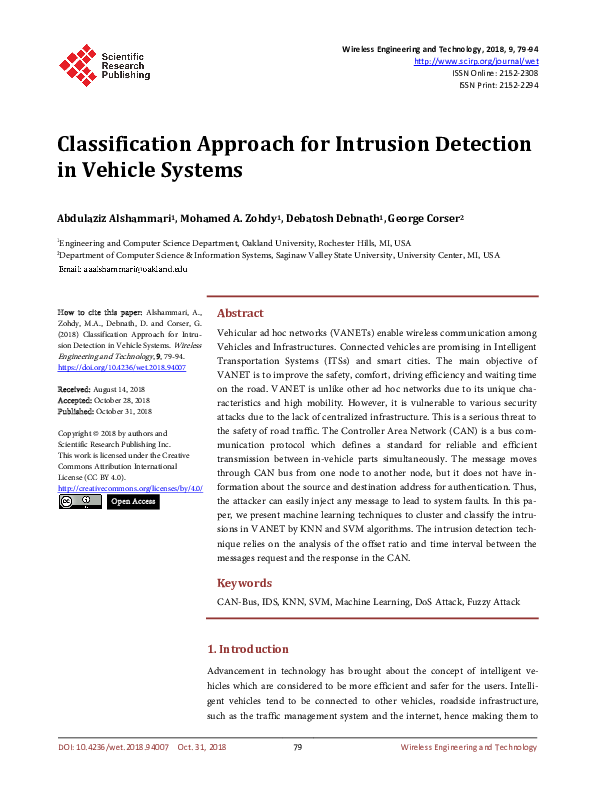 (PDF) Classification Approach for Intrusion Detection in Vehicle Systems