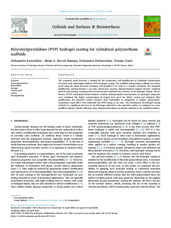 (PDF) Polyvinylpyrrolidone (PVP) hydrogel coating for cylindrical ...