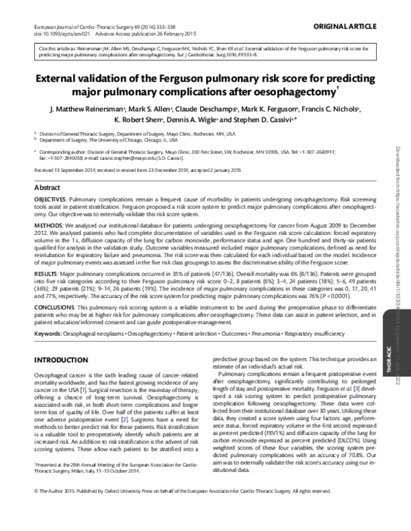 (PDF) External validation of the Ferguson pulmonary risk score for predicting major pulmonary ...