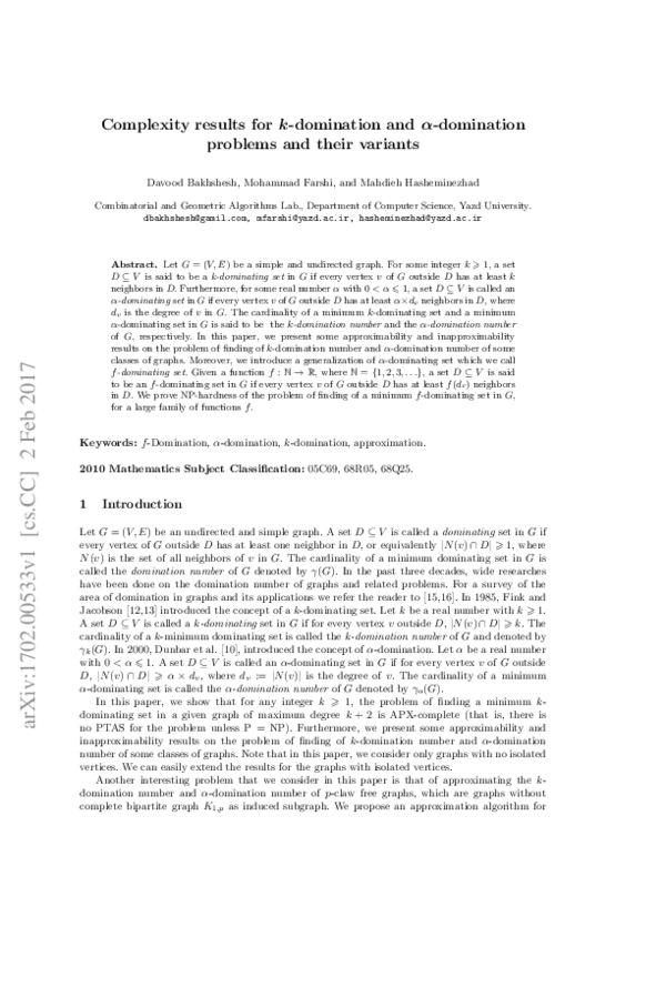 (PDF) Complexity results for $k$-domination and $\alpha$-domination problems and their variants