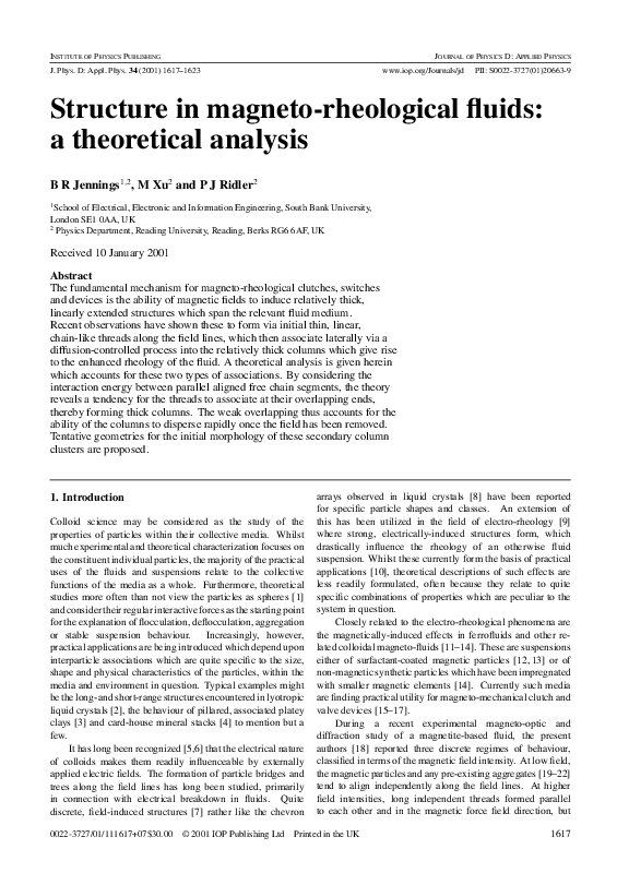 (PDF) Structure in magneto-rheological fluids: a theoretical analysis