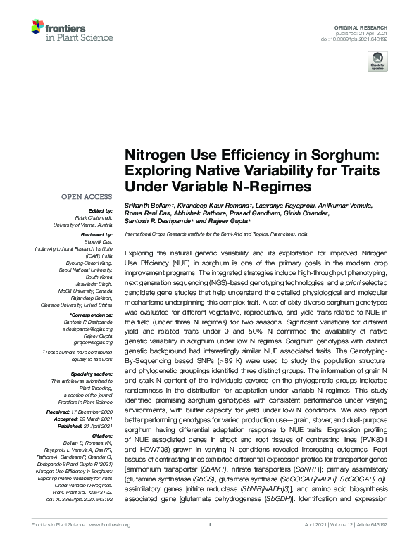 (PDF) Nitrogen Use Efficiency in Sorghum: Exploring Native Variability for Traits Under Variable ...