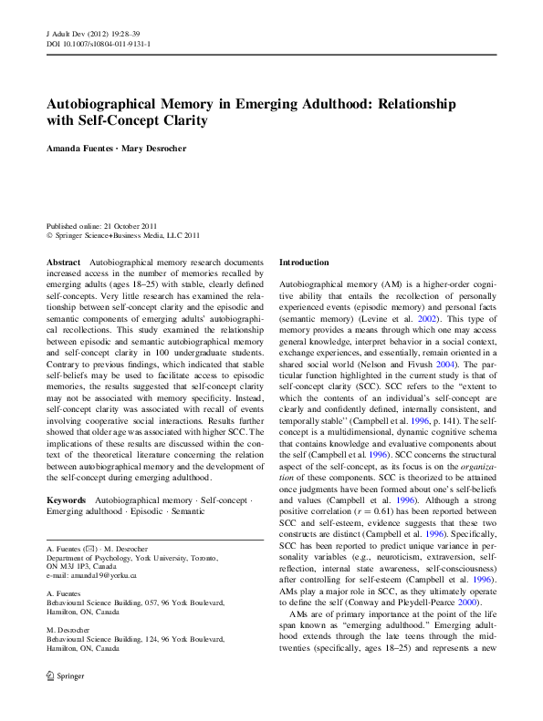 (PDF) Autobiographical Memory in Emerging Adulthood: Relationship with ...