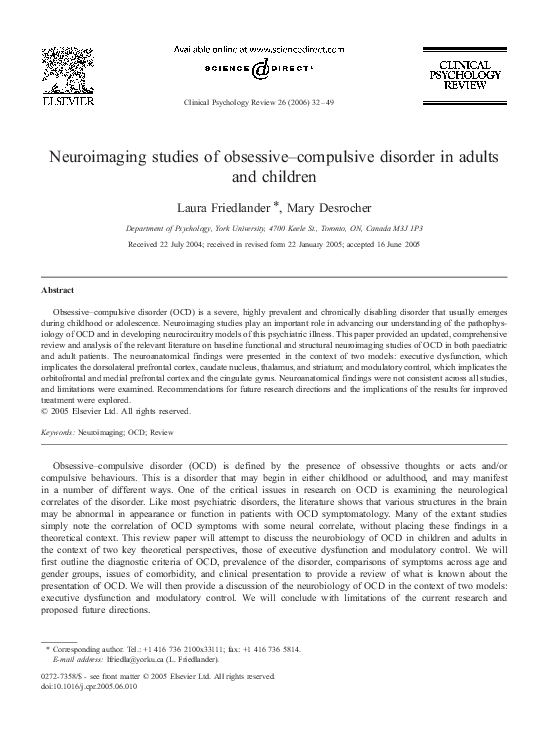 (PDF) Neuroimaging studies of obsessive–compulsive disorder in adults ...
