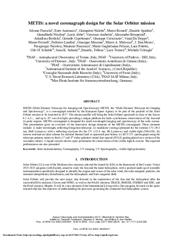 (PDF) METIS: a novel coronagraph design for the Solar Orbiter mission