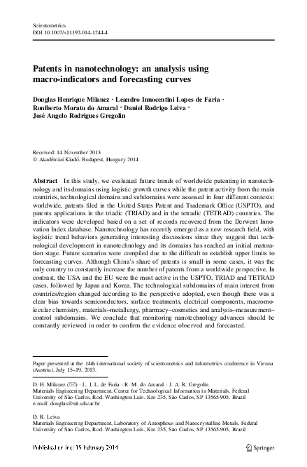 (PDF) Patents in nanotechnology: an analysis using macro-indicators and forecasting curves