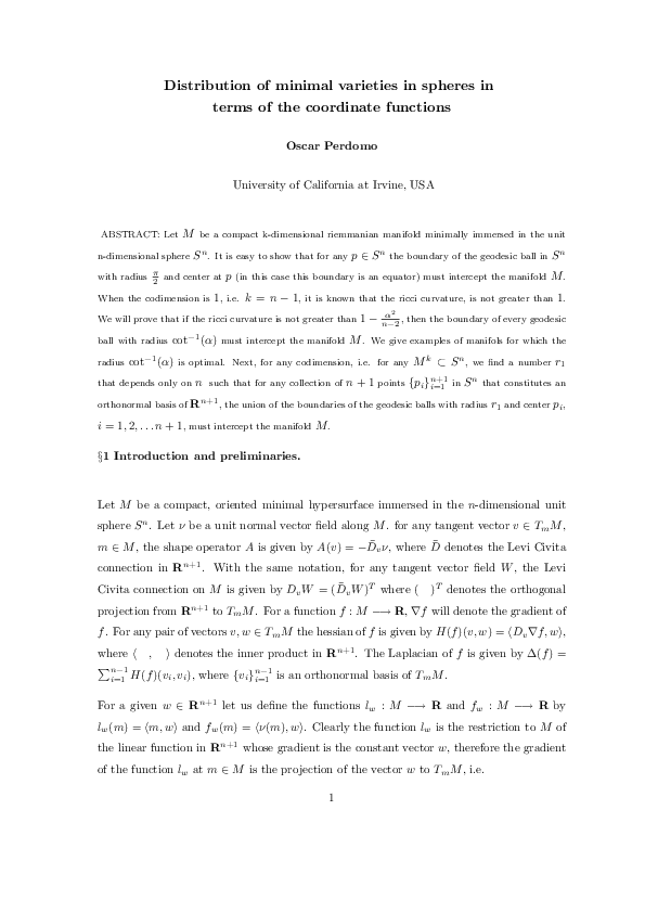 (PDF) Distribution of Minimal Varieties in Spheres in Terms of the ...